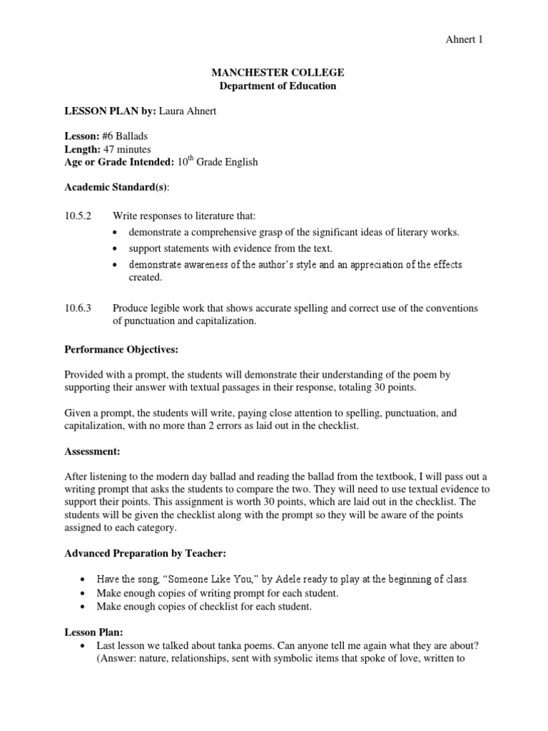 PoetryUnitPlanLesson6BehaviorDisorders PDF | PDF | Ballad | Lesson Plan