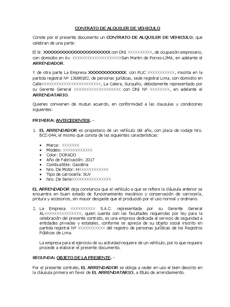 Contrato De Alquiler Vehicular Simple