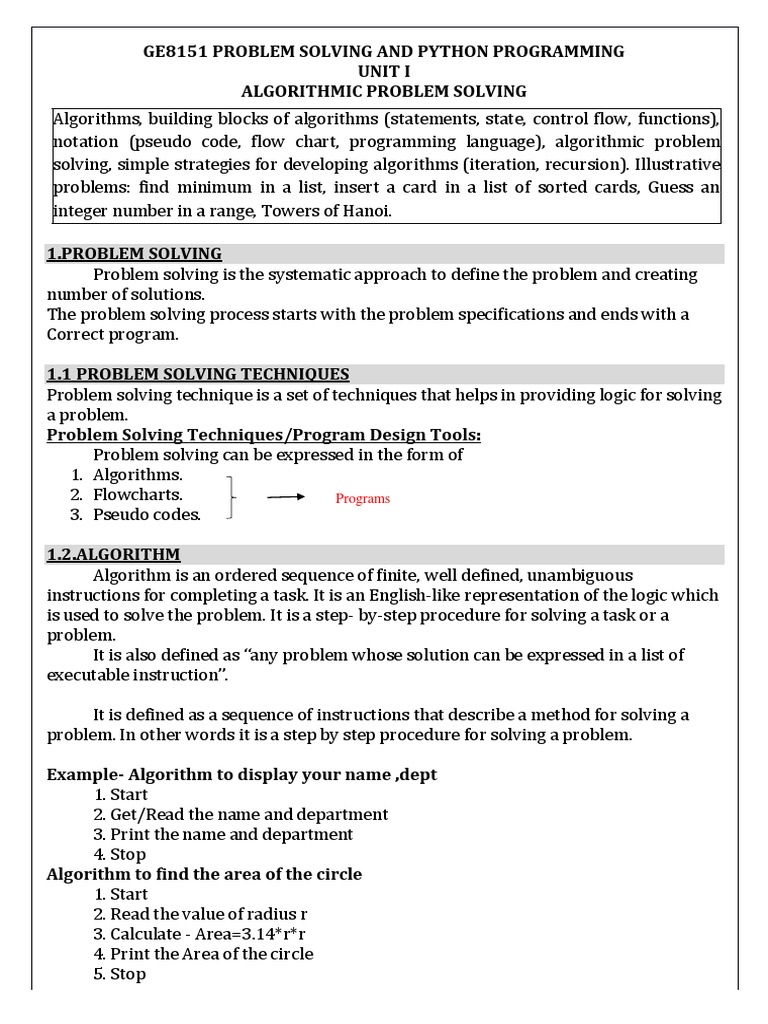 Unit 1 - Notes PDF | PDF | Algorithms | Control Flow Unit 1 - Notes PDF | PDF | Algorithms | Control Flow