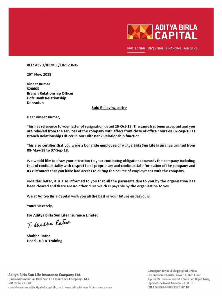 Relieving Letter ABSLI | PDF | Finance & Money Management