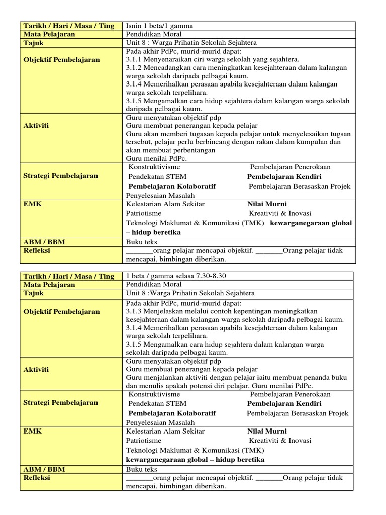 RPH Pendidikan Moral Tingkatan 1 | PDF