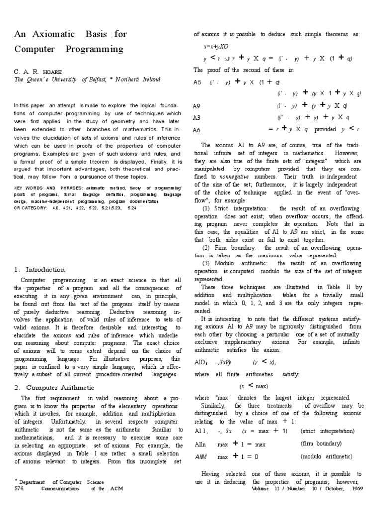 An Axiomatic Basis For Computer Programming + + + + + + + + | PDF | Axiom | Mathematical Proof