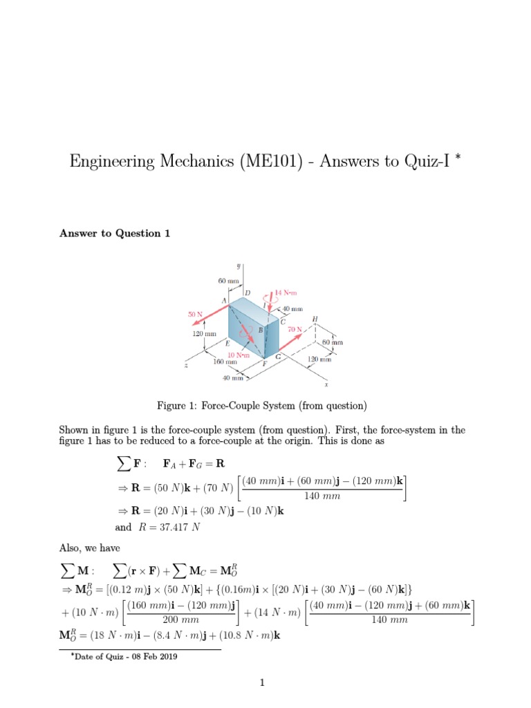 Engineering Mechanics (ME101) - Answers To Quiz-I | PDF | Classical ...