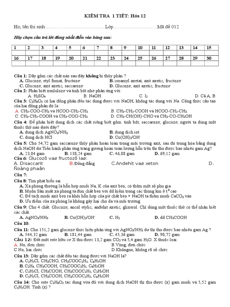 De Kiem Tra 1 Tiet Hoa 12 Lan 1 | PDF