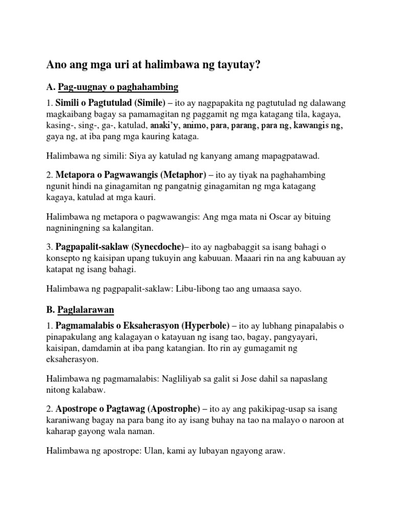 Ano Ang Mga Uri at Halimbawa NG Tayutay | PDF