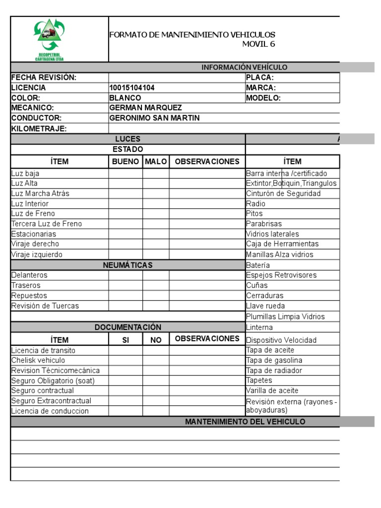 Formato Mantenimiento Vehiculos Pdf Ingeniería De Transporte
