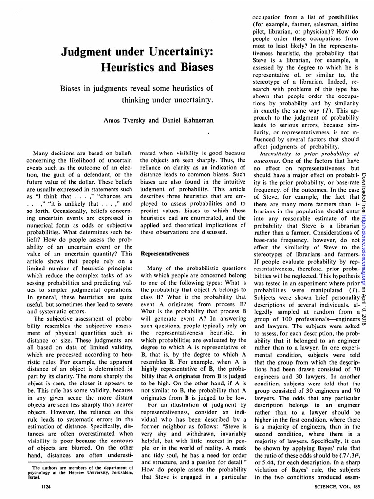 Judgment Under Uncertainty: Heuristics and Biases | PDF | Heuristics In ...