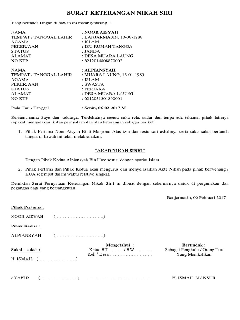 Contoh Surat Keterangan Nikah Siri | PDF