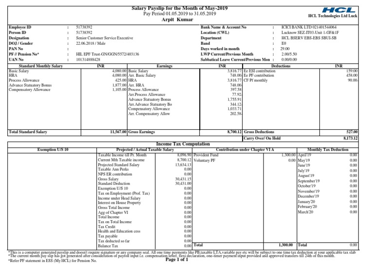 An Analysis of Arpit Kumar's May 2019 Salary Payslip from HCL ...