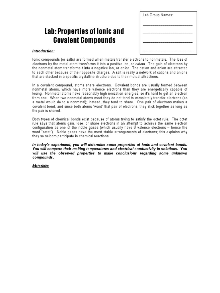 Chemistry Lab: Ionic vs Covalent | PDF | Ion | Ionic Bonding
