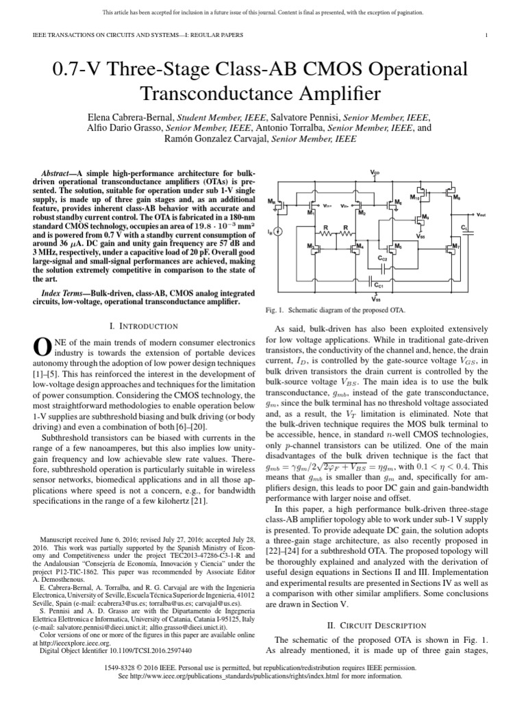 0.7-V Three-Stage Class-AB CMOS Operational | PDF | Amplifier | Cmos