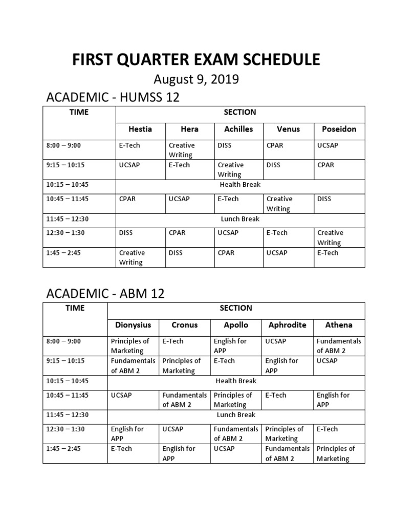 First Quarter Exam Schedule 2025 | PDF | Greek Deities | Twelve Olympians