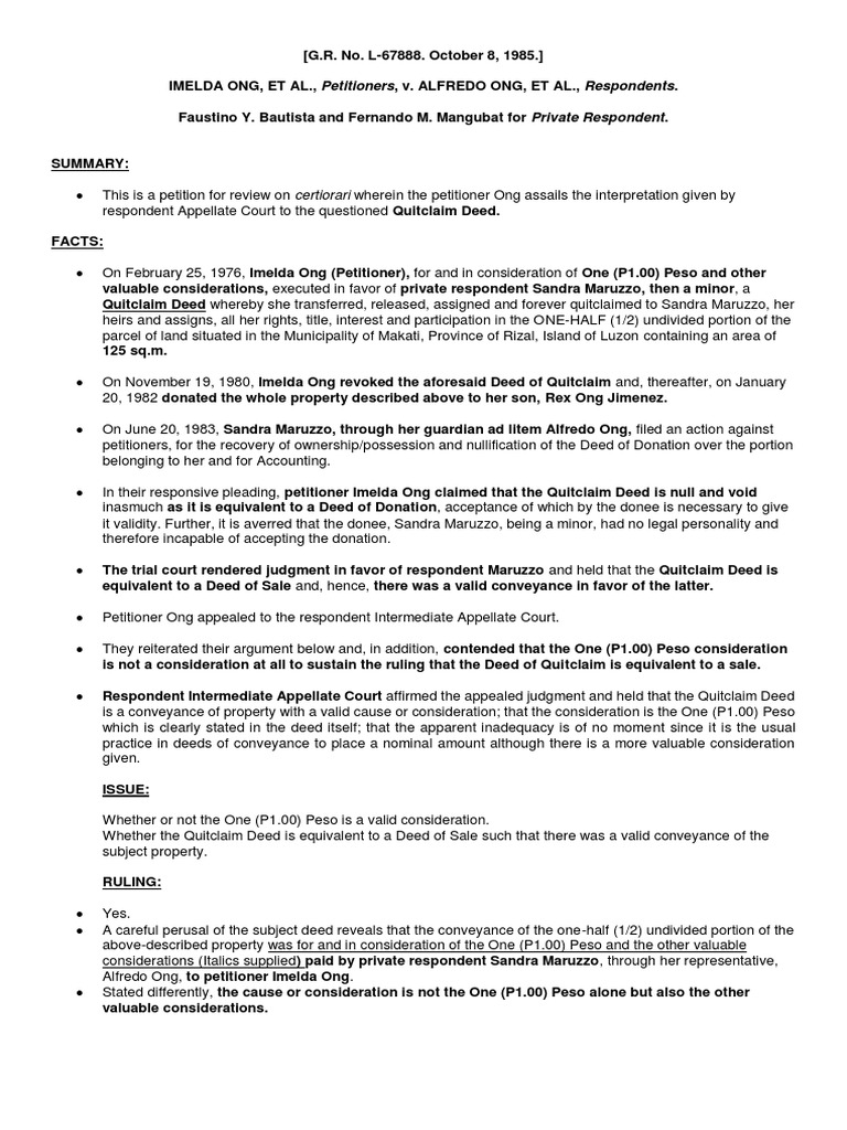Case Digest: Ong Vs Ong, G.R. No. L-67888. October 8, 1985 | PDF ...