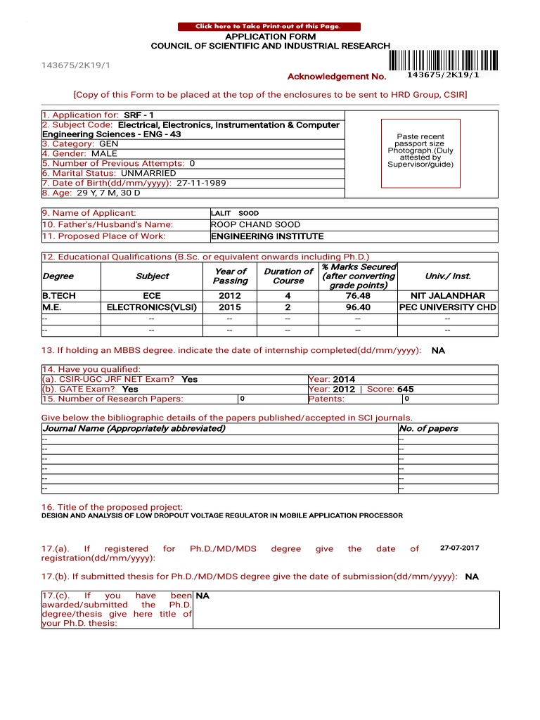 Application Form CSIR SRF | PDF | Doctorate | Doctor Of Medicine