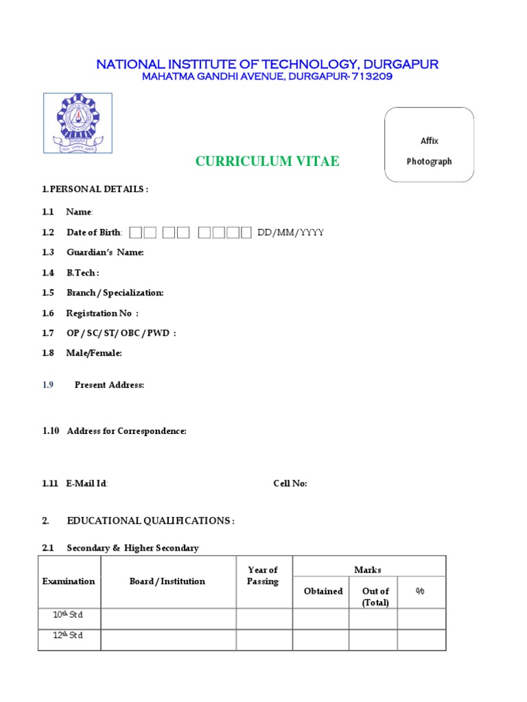 NIT Durgapur CV Template | PDF