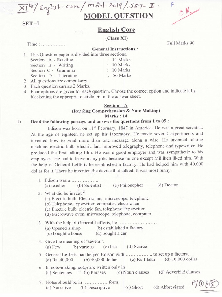 Class XI English Core Set 1 | PDF | Question | Grammar