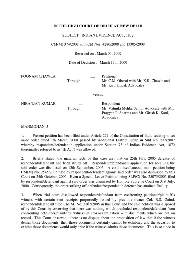 Poonam Chawla vs. Niranjan Kumar-Defence Struckoff | PDF | Lawsuit ...