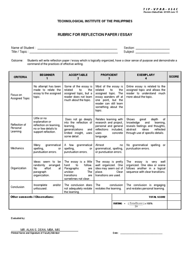 Rubric For Reflection Paper Essay | Download Free PDF | Essays | Rubric ...