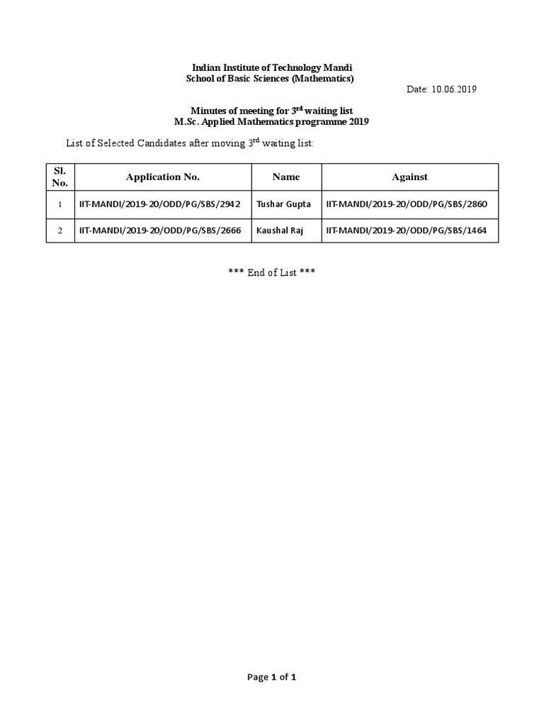 3rd Waitinglist MSC Maths2019 PDF | PDF