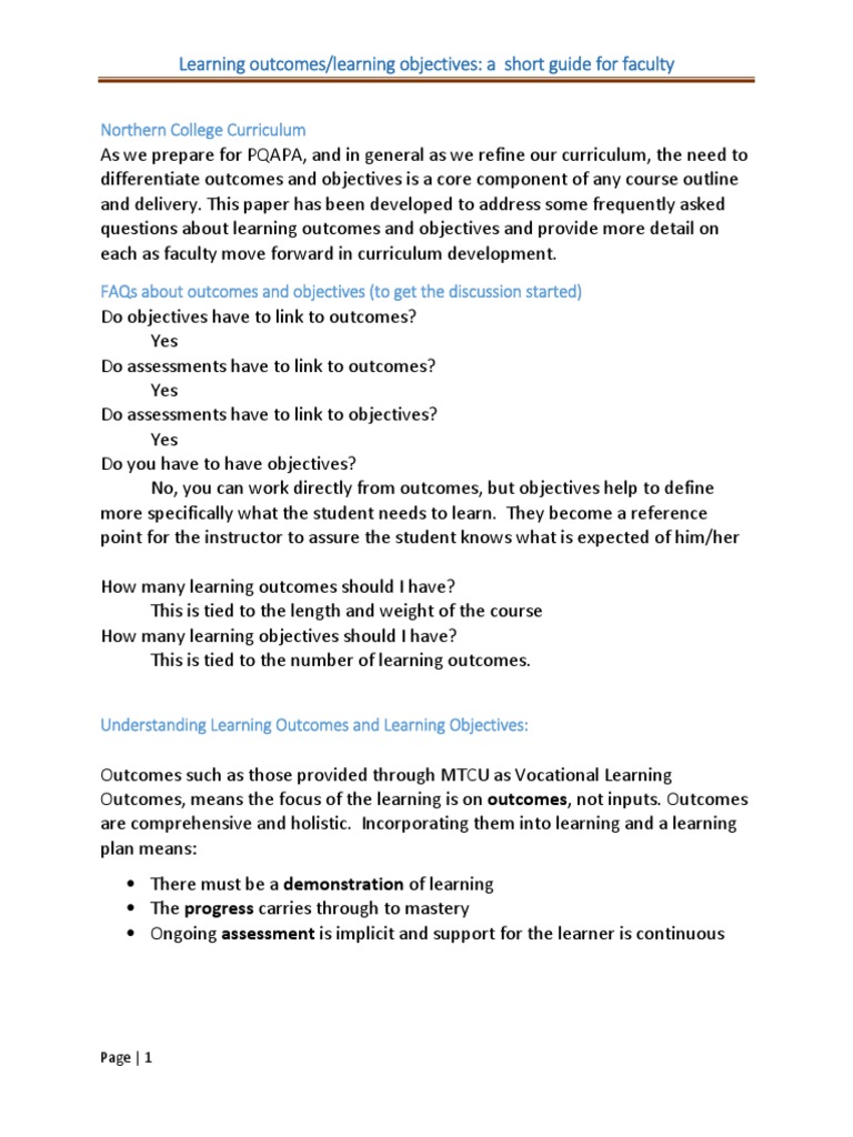 Learning Outcomes Learning Objectives | PDF | Educational Assessment ...