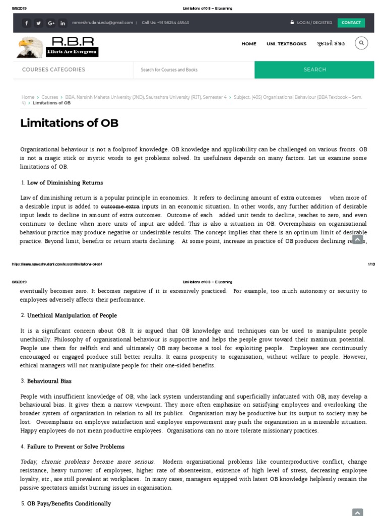 Limitations of OB - E Learning | PDF | Organizational Behavior | Leadership