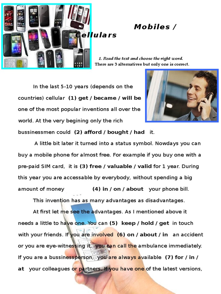 Mobiles-Cellulars - Multiple Choice Test, Reading Comprehension and ...