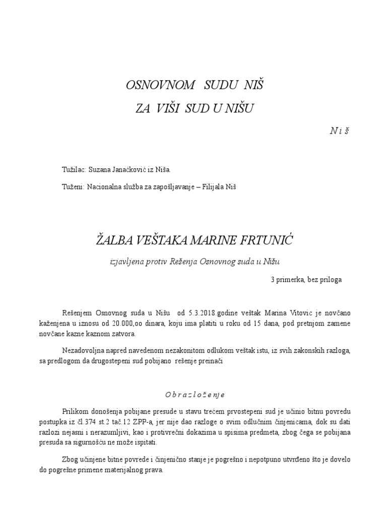 Zalba Za Novcano Kaznjavanje 2018 | PDF