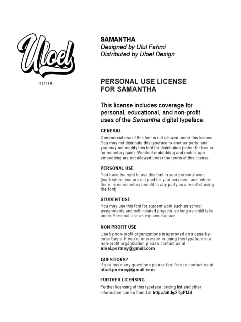 Personal Use License For Samantha Personal Use License: Designed by ...