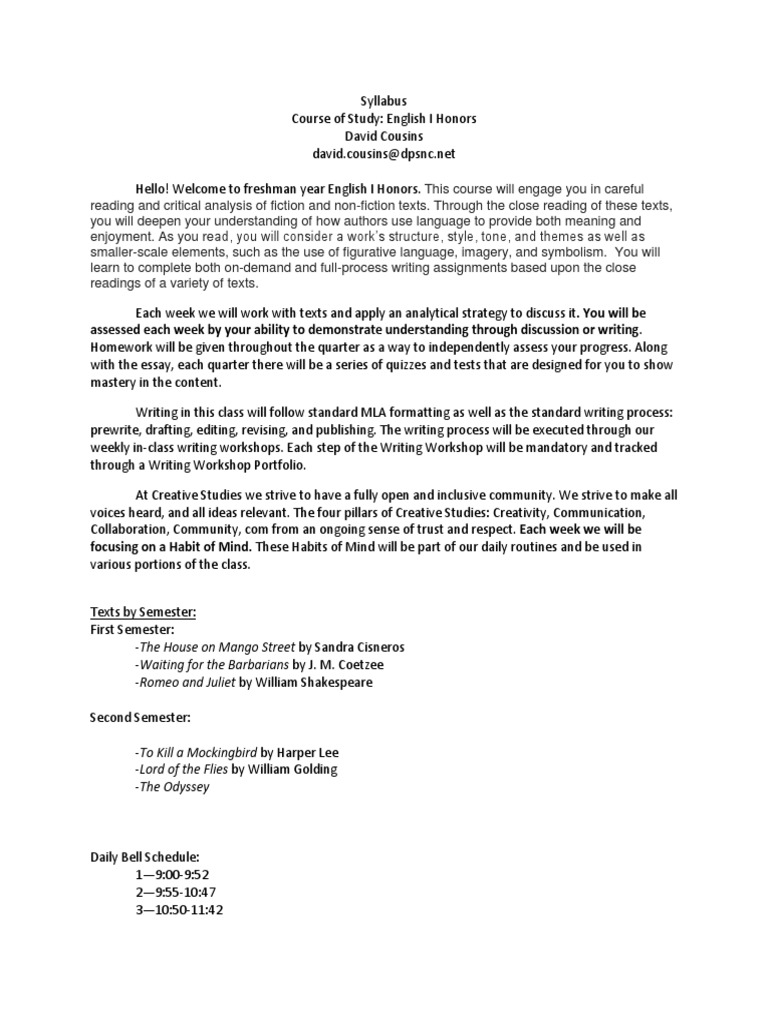 Freshman Honors English Syllabus | PDF | Homework | Behavior Modification