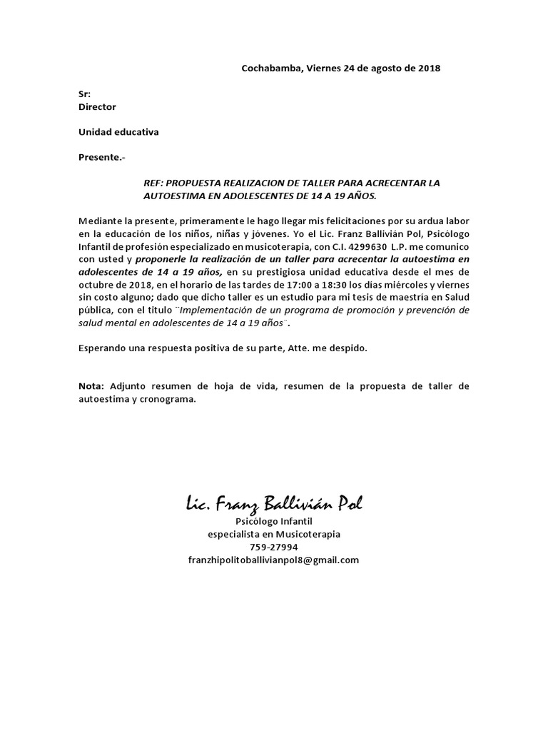 Carta Taller de Autoestima | PDF | Salud mental | Bolivia