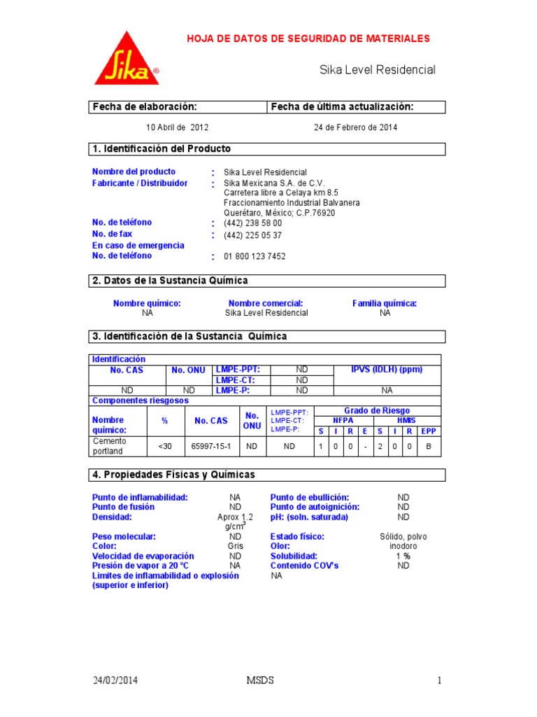 Msds Sika Level Residencial | PDF | Agua | Residuos