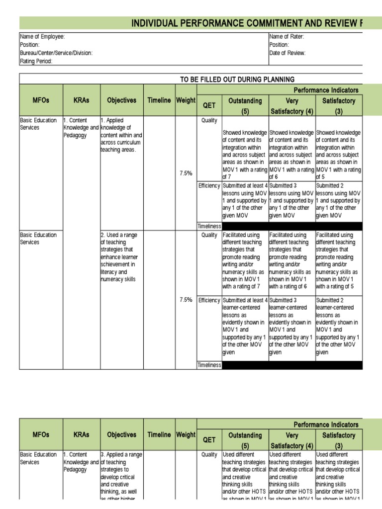 Individual Performance Commitment and Review Form (Ipcrf) For Teacher I ...