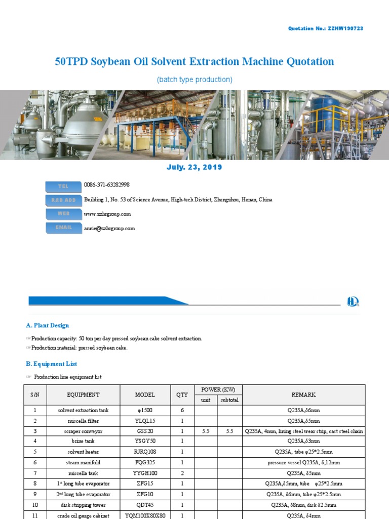 50TPD Soybean Oil Batch Type Solvent Extraction Plant | PDF | Pump | Steam