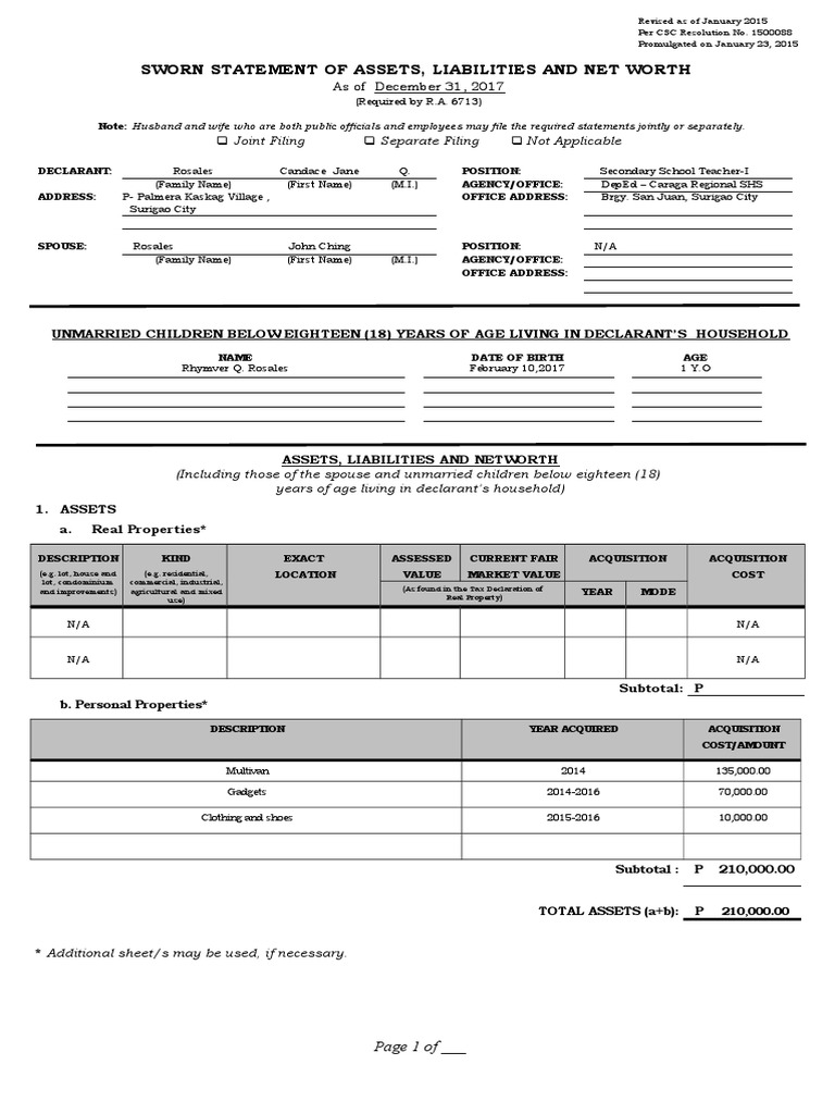 Sworn Statement of Assets, Liabilities and Net Worth | PDF | Identity ...