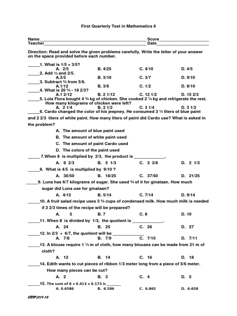 First Quarterly Math Test for Grade 6 | PDF | Teaching Mathematics | Nature