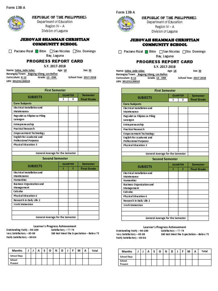 Form 138-A Progress Report Card for Jehovah Shammah Christian Community ...