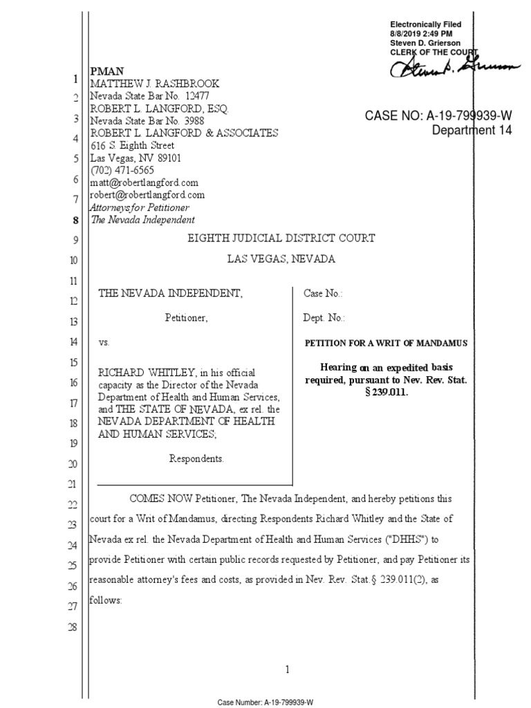 NEVADA INDEPENDENT - 2019.08.08 - Petition Writ Mandamus Filed | Nevada | Mandamus