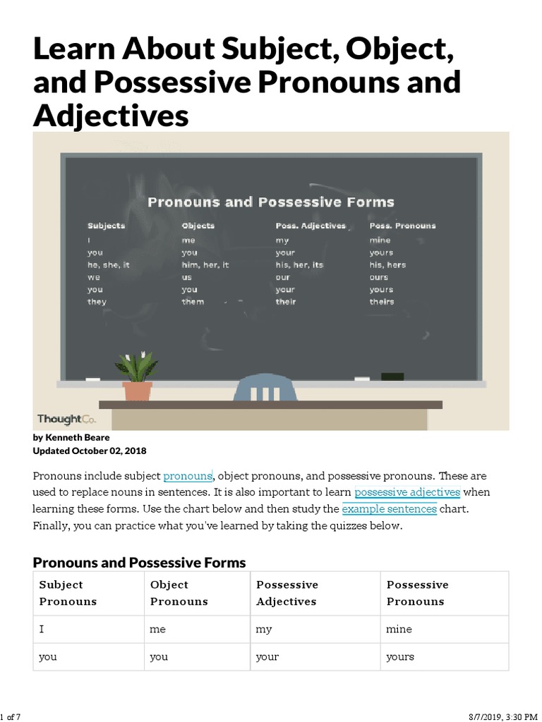 Subject, Object, Possessive Pronouns and Adjectives | PDF | Pronoun ...
