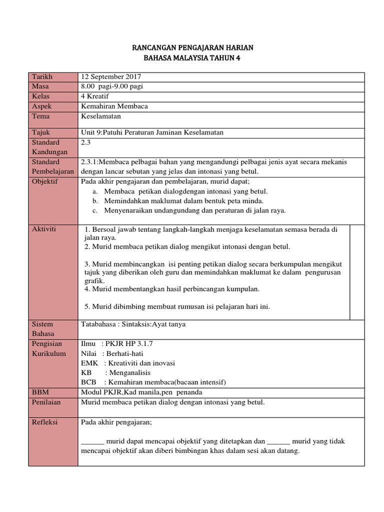 Contoh RPH PKJR Tahun 4 | PDF