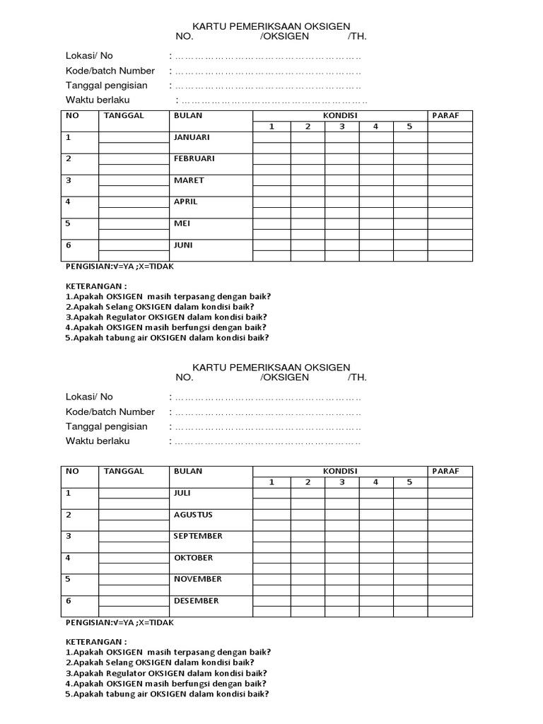 Kartu Pemeriksaan Oksigen | PDF