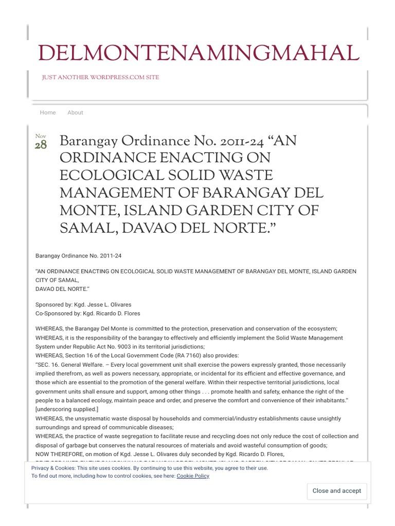 Barangay Ordinance No. 2011-24 "An Ordinance Enacting On Ecological Solid Waste Management of ...