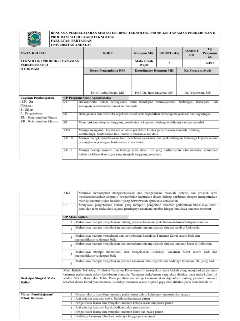 RPS Perkebunan II | PDF | Seni | Sains & Matematika