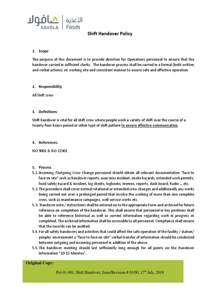 Shift Handover Policy: 1. Scope | PDF | Government | Business