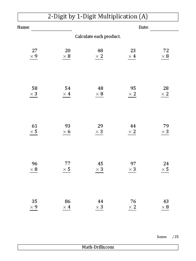 2-Digit by 1-Digit Multiplication Worksheets | PDF