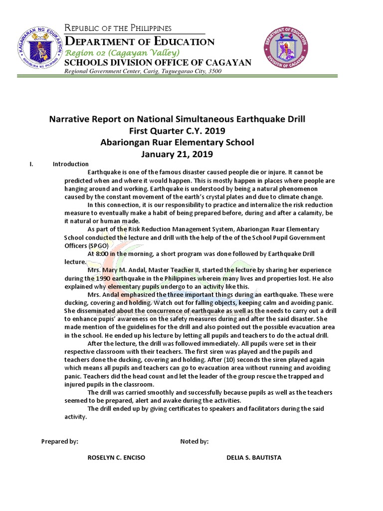 Narrative Report On Earthquake Drill | PDF | Earthquakes | Disaster ...