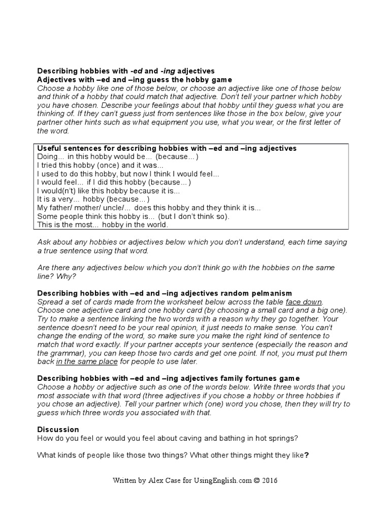 Describing Hobbies With Ed and Ing Adjectives | PDF