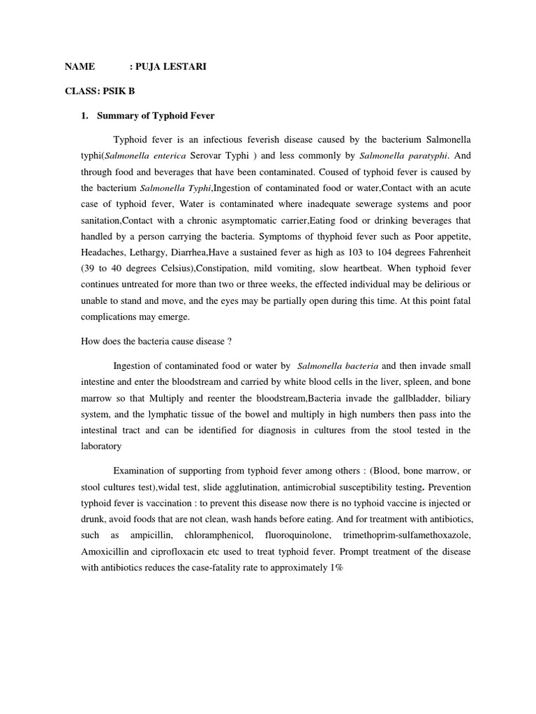 Typhoid Fever (Summary) | PDF | Salmonella | Medical Specialties