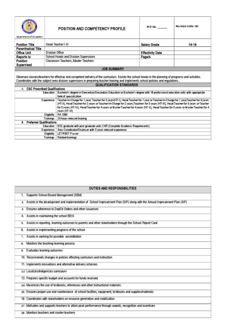 Head Teacher Position Profile and Duties | PDF | Teachers | Curriculum