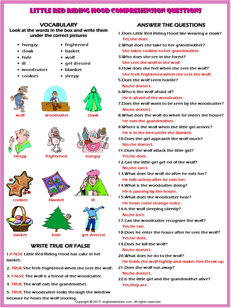 Little Red Riding Hood Simple Present Tense Fairy Tale Comprehension ...