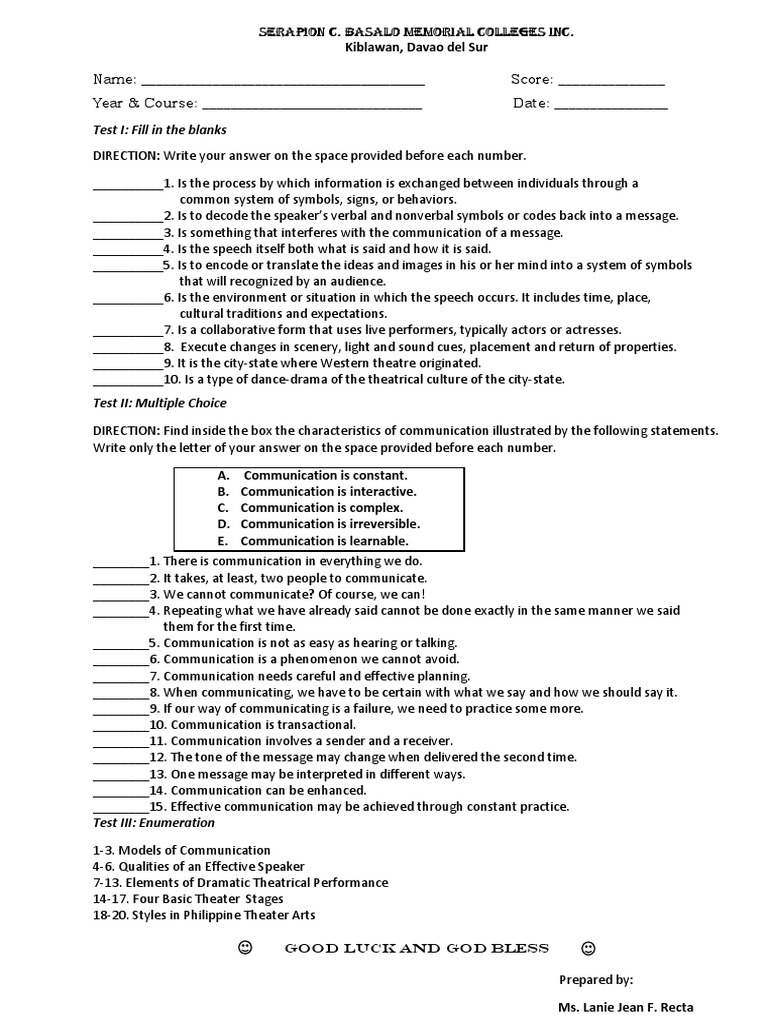 Theater Arts Communication Exam | PDF | Theatre | Communication